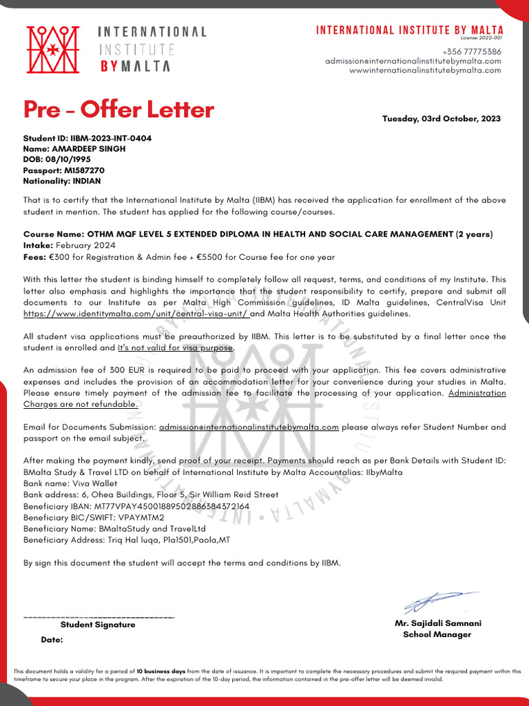 Pre-Offer Letter for IIBM Enrollment | PDF | Fee | Travel Visa