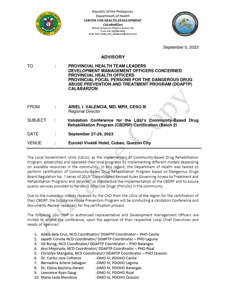 BATCH 2 ADVISORY Validation Conference For The CBDRP Certification Advance | PDF | Health Care ...