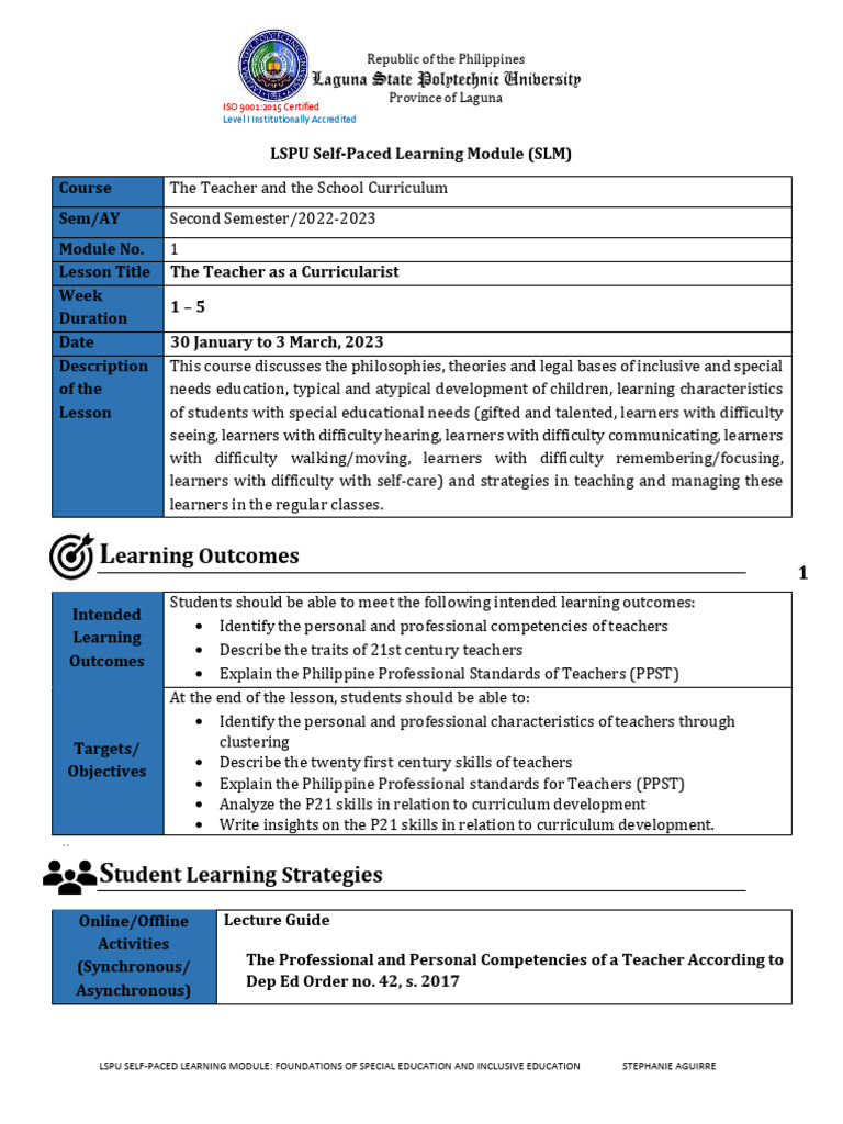 Module 1 The Teacher and The School Curriculum | PDF | Curriculum | Learning