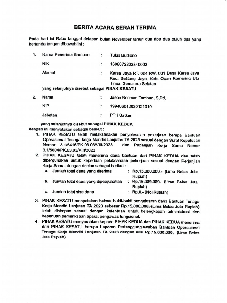 Berita Acara Serah Terima Tulus | PDF