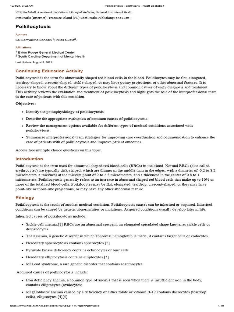 Hema Poikilocytosis StatPearls NCBI Bookshelf | PDF | Anemia | Red Blood Cell