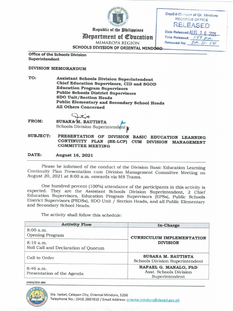 Presentation of Division Basic Education Learning Continuity Plan BE LCP Cum Division Management ...