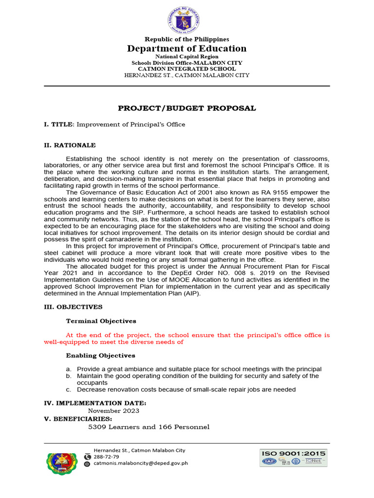 Principal's Office Improvement Proposal | PDF