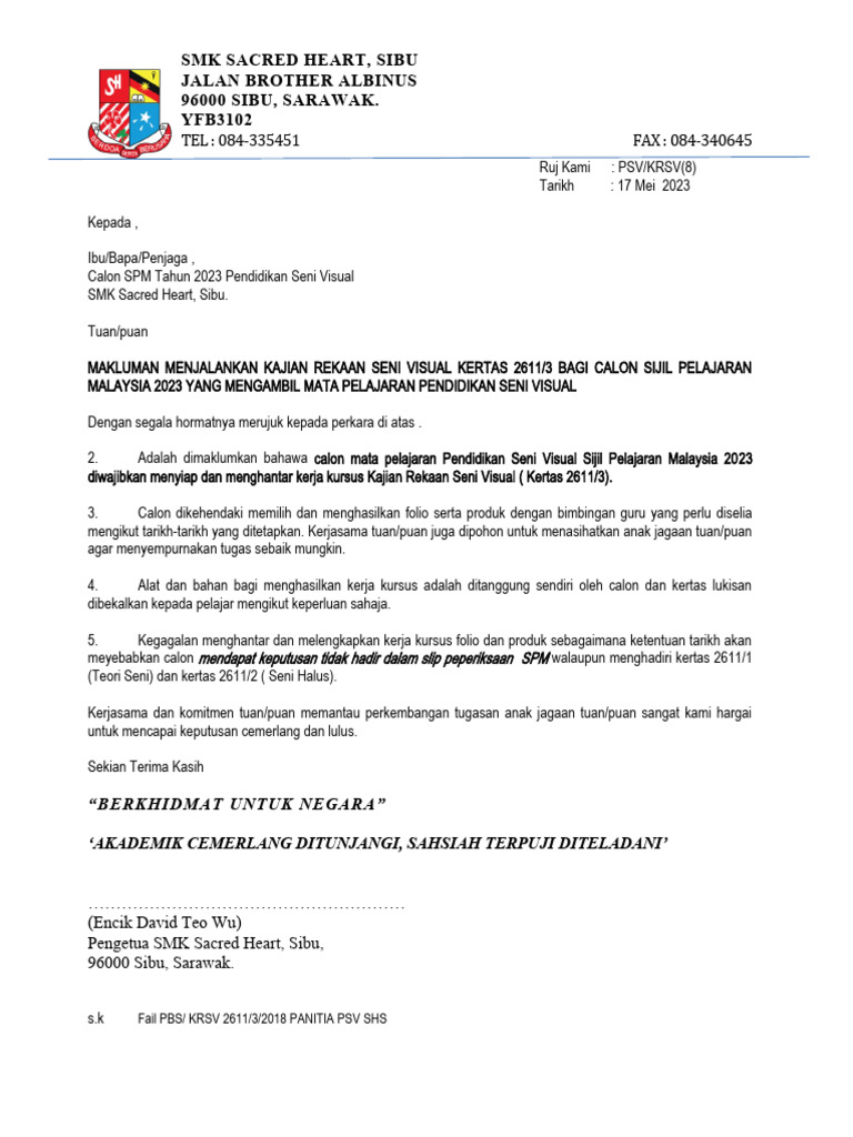 Surat Makluman KRSV Bagi Calon PSV SPM 2018 | PDF