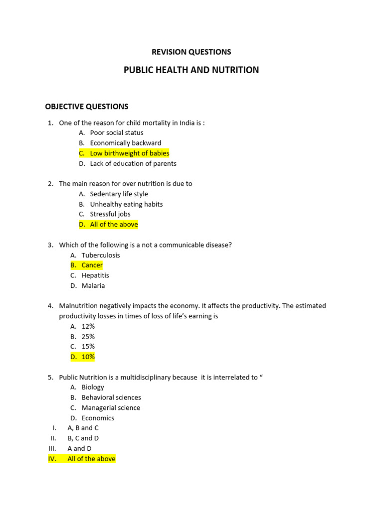Worksheet - Public Health Nutrition - Revision Questions | PDF ...