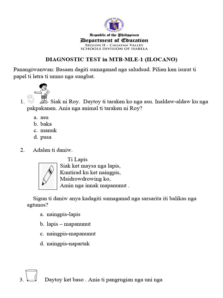 MTB Mle 1 Ilocano Diagnostic Test Walter G. Diampoc | PDF