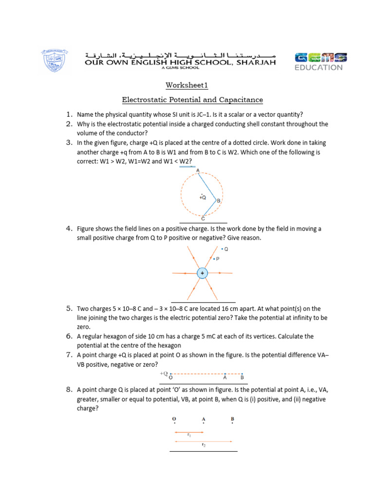 Worksheet 1 | PDF | Electrostatics | Capacitance