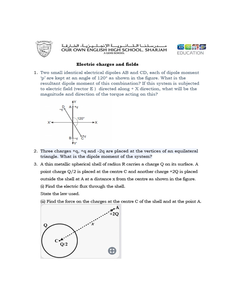 Worksheet (Electric Charges and Fields) | PDF | Flux | Sphere