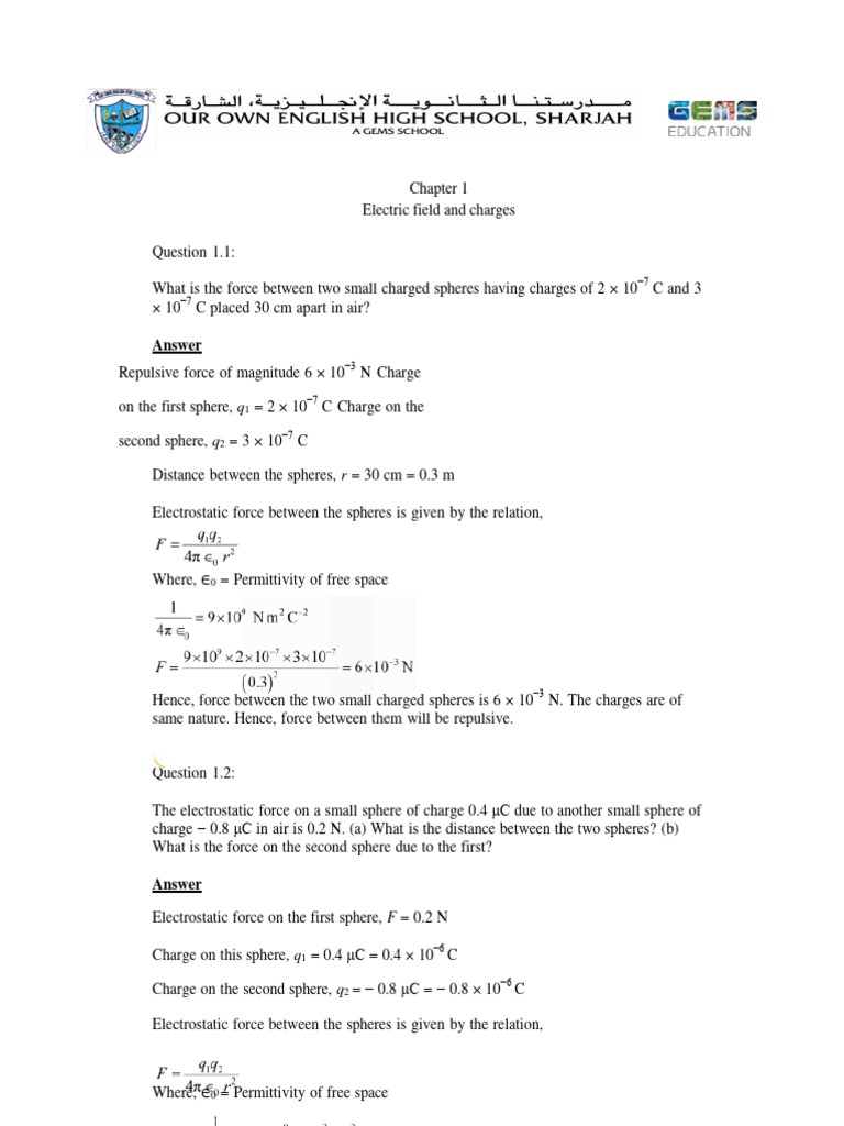 Chapter 1 Electric Charges and Fields Text Book Questions | PDF | Electric Charge | Electric Field
