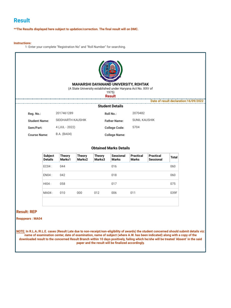 MDU Rohtak B.A. Semester 4 Result | PDF