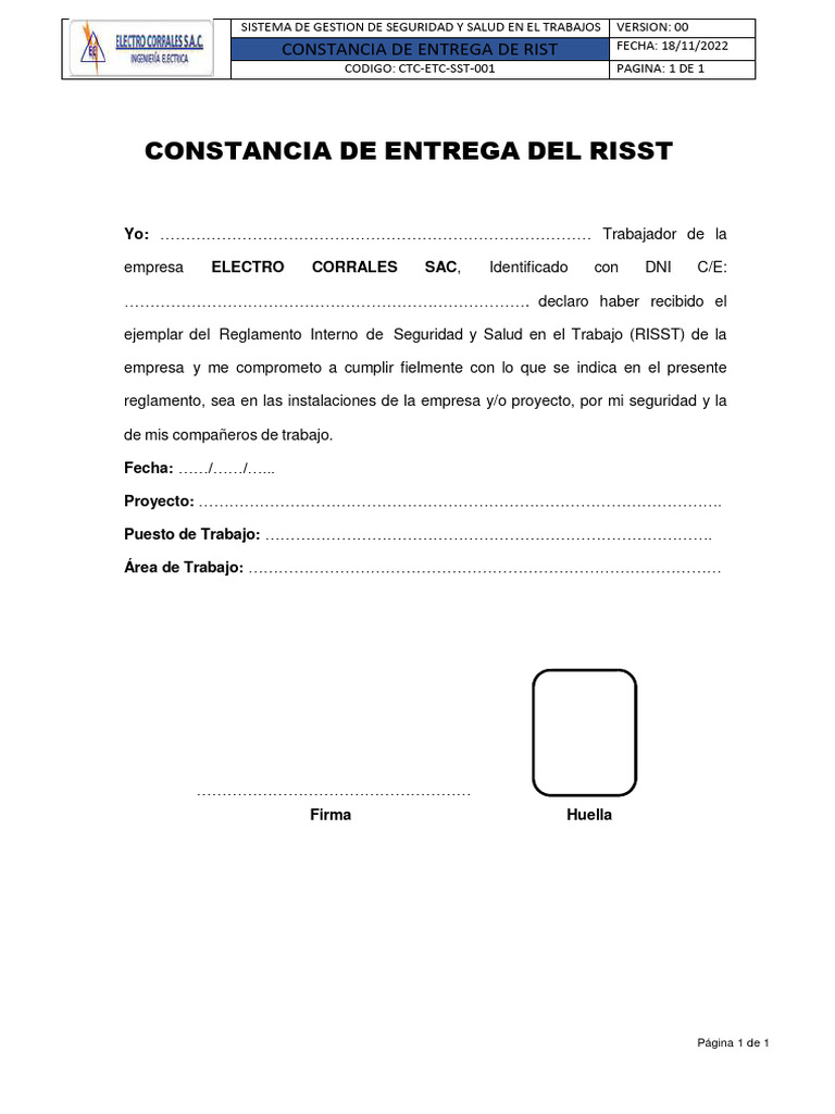 3.CTC-ETC-SSO-001 - Constancia de Entrega Del RISST | PDF