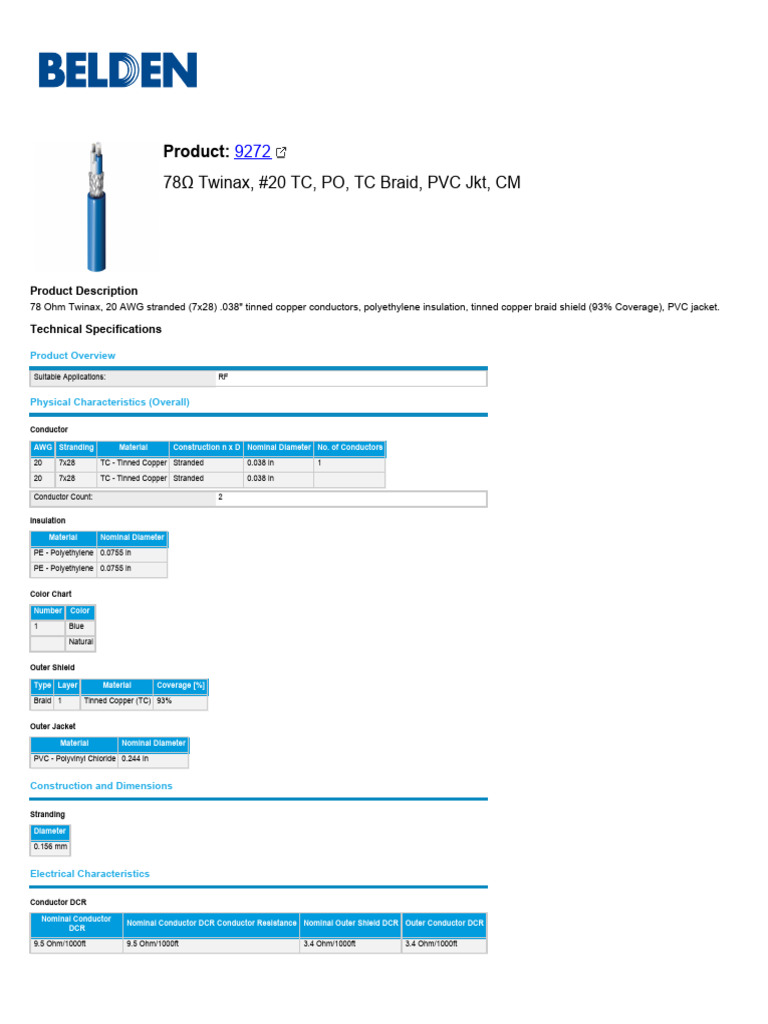 Belden 9272 Twinax Cable Specifications | PDF | Electrical Conductor ...