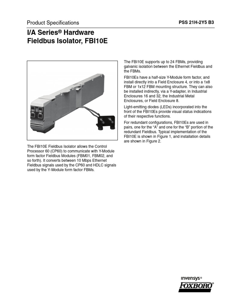 I/A Series Hardware Fieldbus Isolator, FBI10E: Product Specifications ...