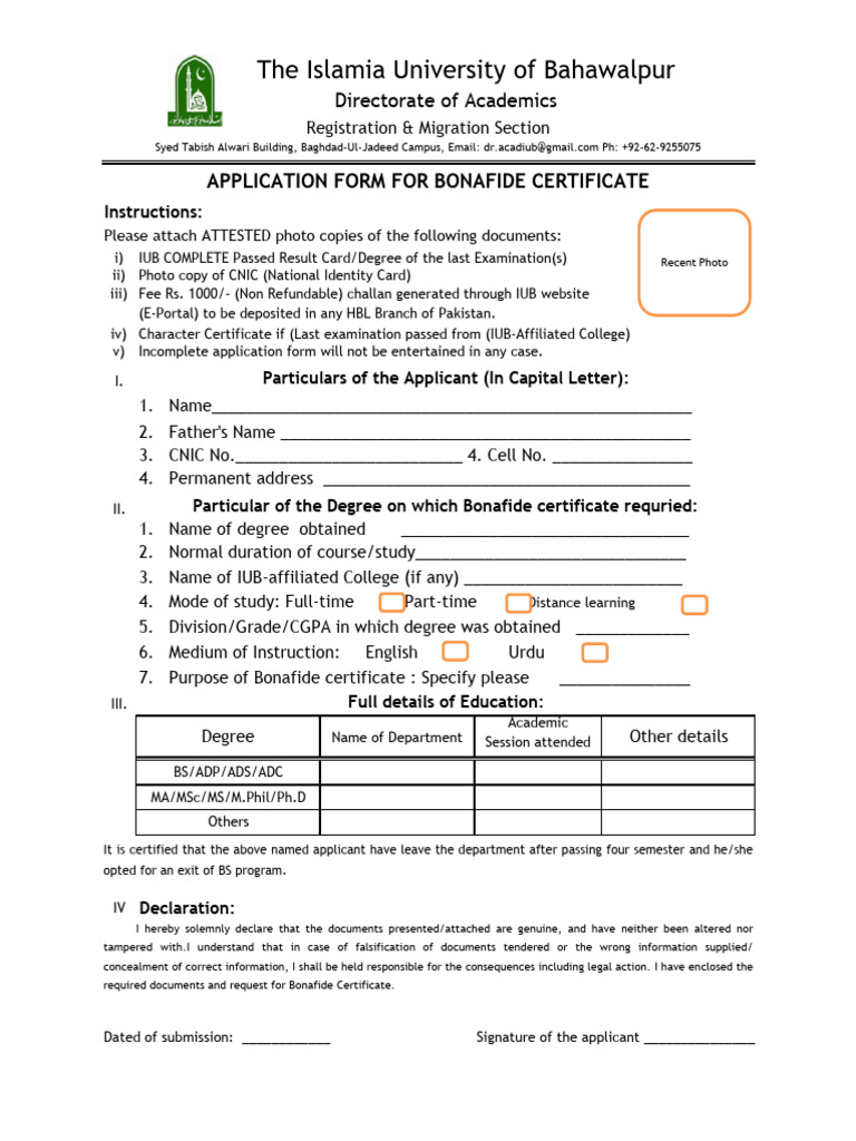 Bonafide Student Iub Form New | PDF | Vocational Education | Qualifications