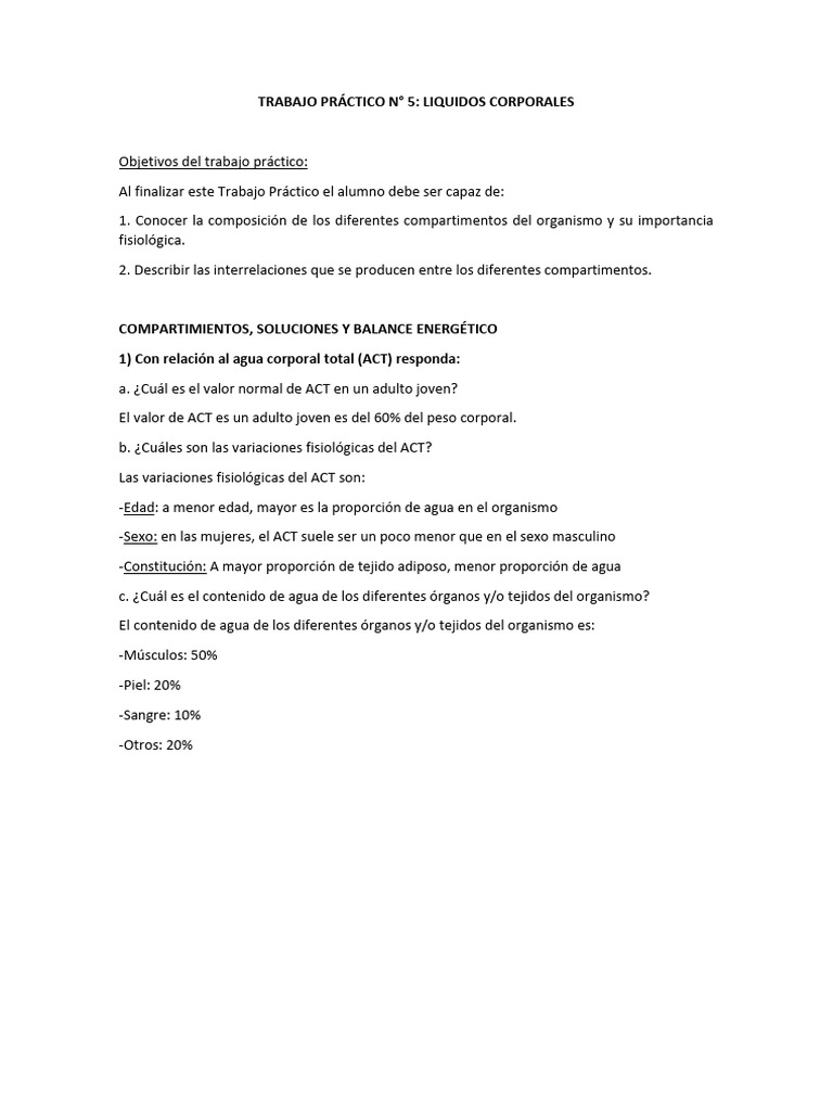 TRABAJO PRÁCTICO #5 Liquidos Corporales | PDF | Cuerpo humano | Fisiología