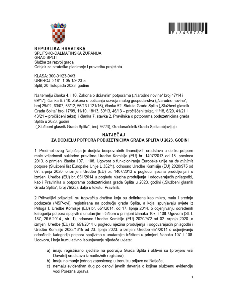 Natječaj Za Dodjelu Potpora Poduzetnicima Grada Splita U 2023. | PDF