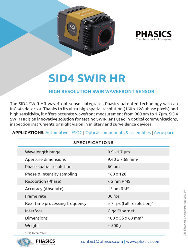 PHASICS SID4 SWIR HR Specifications Sheet V3 | PDF
