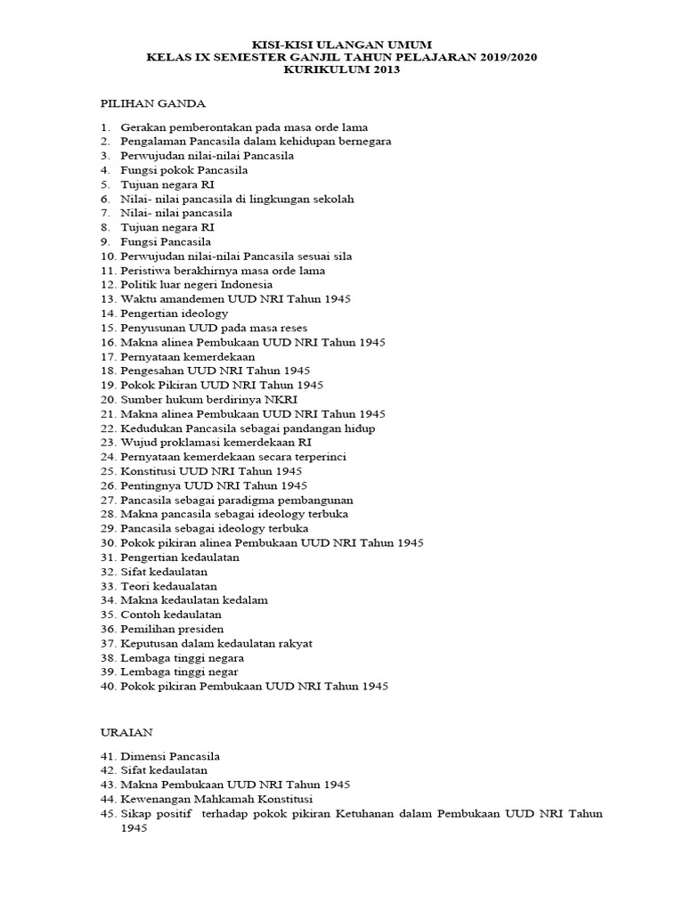 Kisi Kisi PKN Pas 1 | PDF | Ilmu Sosial | Sejarah