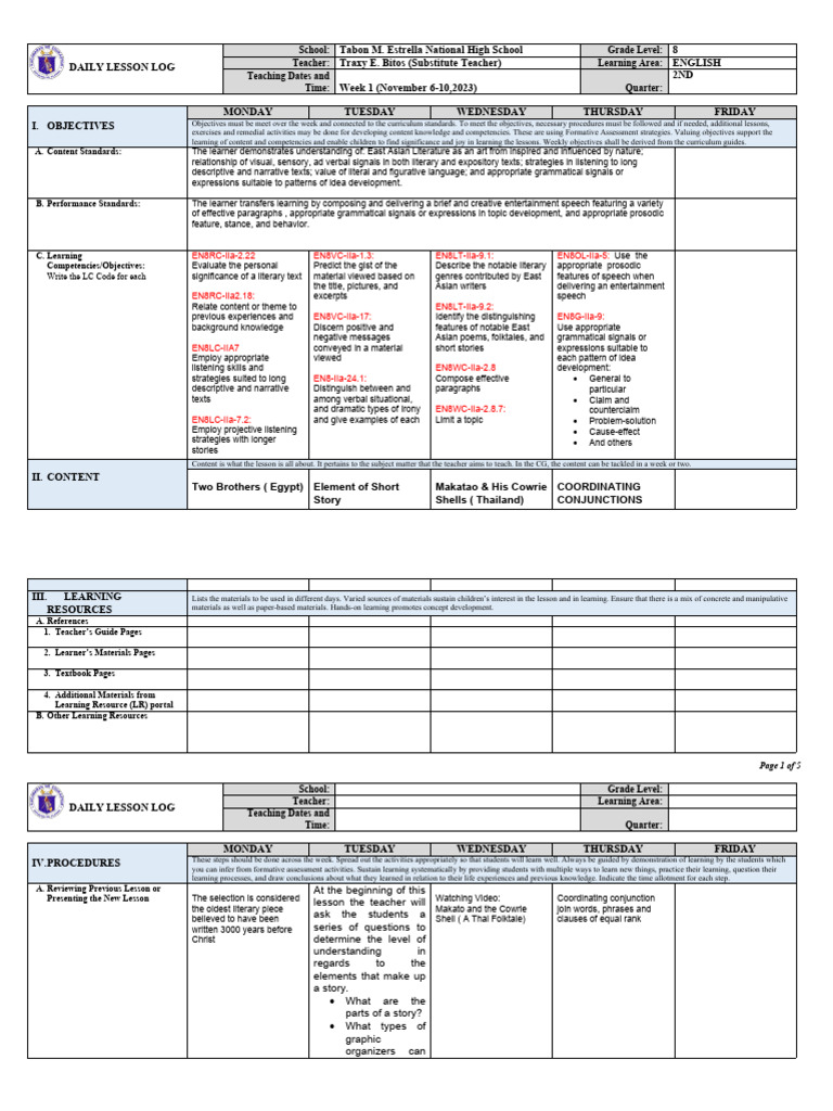 DLL ENG8 2NDQ 1st Week Edited | PDF | Learning | Teachers