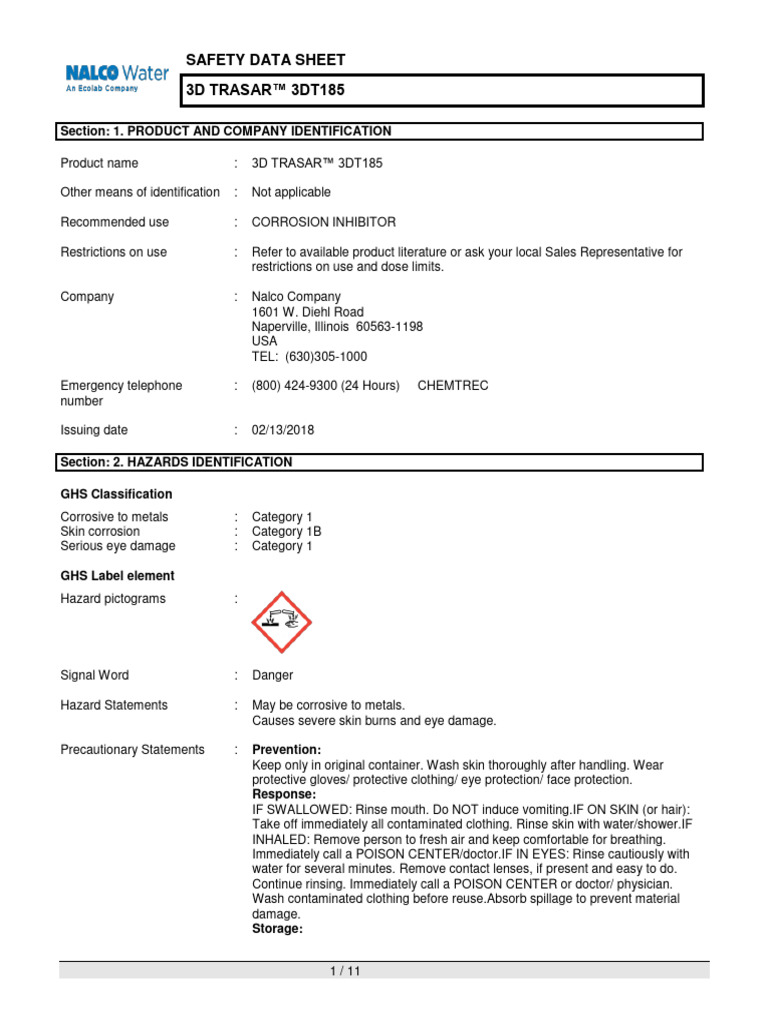 Safety Data Sheet 3D TRASAR™ 3DT185: Section: 1. Product and Company Identification | PDF ...