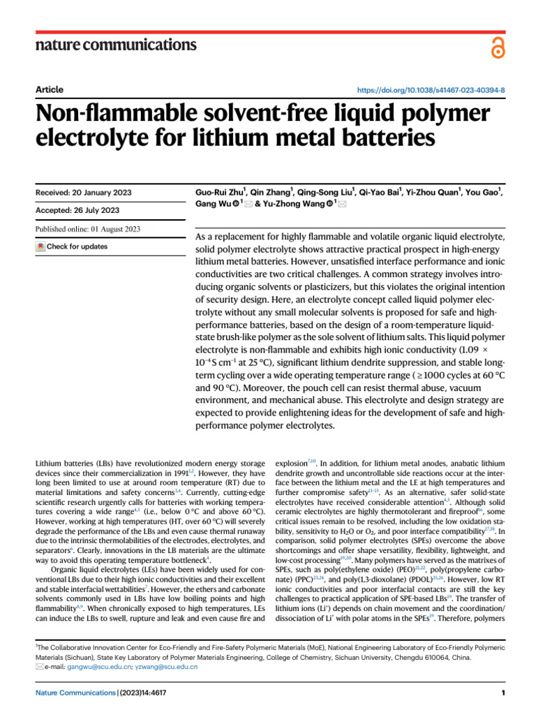 Non - Ammable Solvent-Free Liquid Polymer Electrolyte For Lithium Metal ...