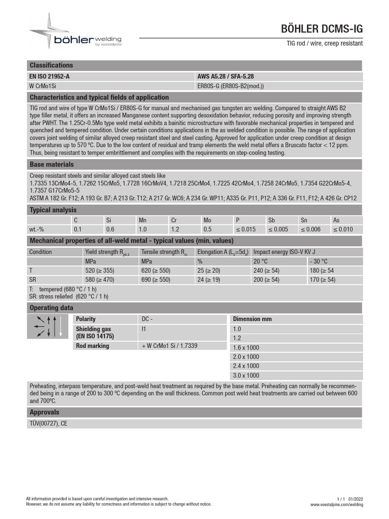 Datasheet BOHLER DCMS-IG TIG | PDF | Welding | Construction