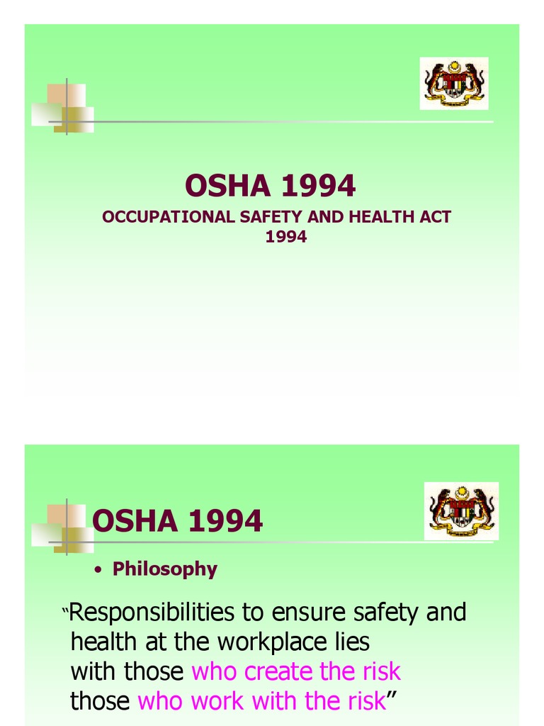 OSHA 1994: Occupational Safety and Health Act 1994 | PDF | Occupational ...