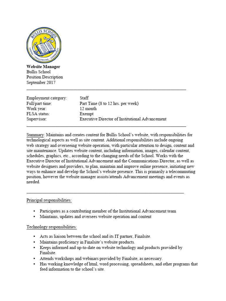 Website Manager Job Description | PDF | Websites | World Wide Web