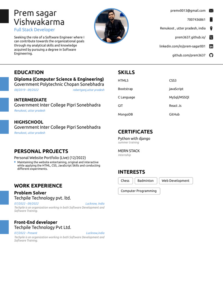 Prem Sagar Vishwakarma: Education Skills | PDF | Software Engineering | Computing