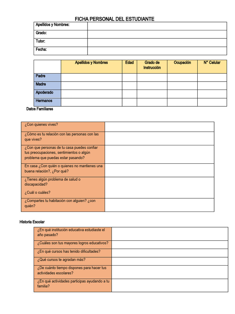 Ficha Personal Del Estudiante | PDF