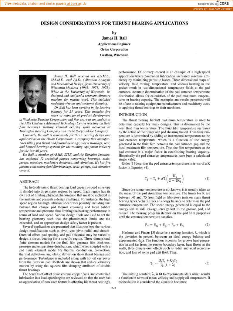 Design Considerations For Thrust Bearing Applic Ations by James H. Ball ...