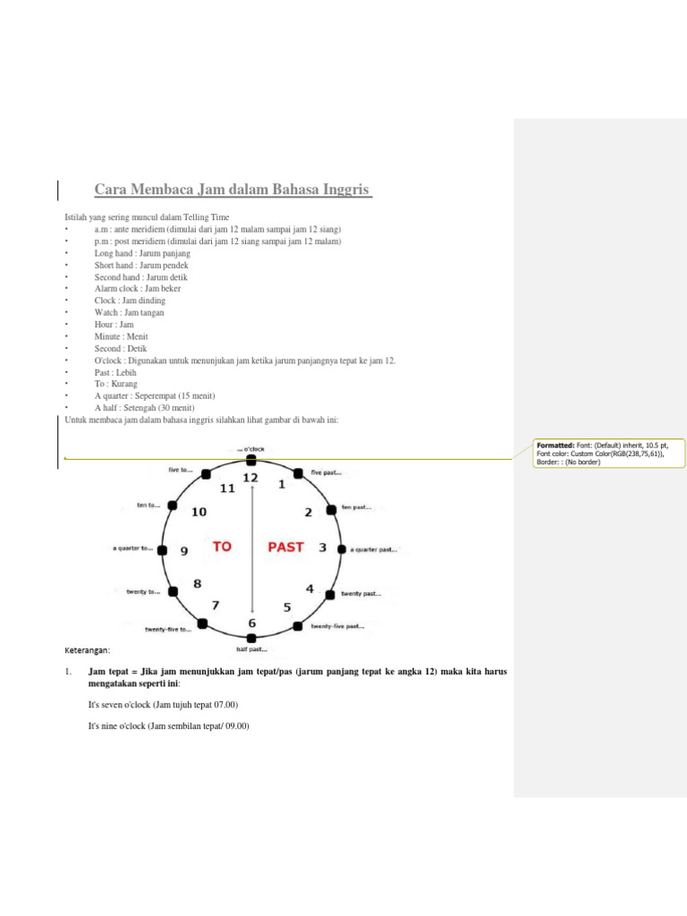 Cara Membaca Jam Dalam Bahasa Inggris KELAS 4 | PDF