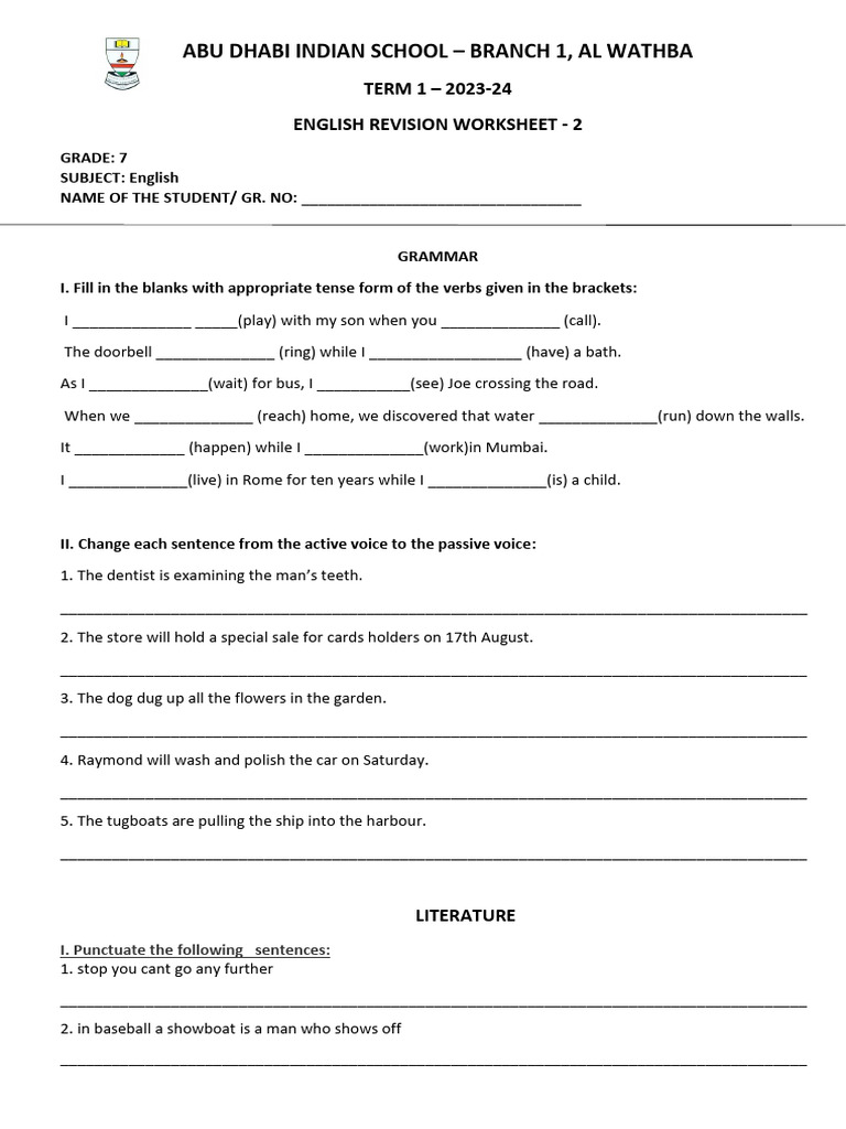 Grade 7 - English Revision Worksheet-2 | PDF | Linguistics | Grammar