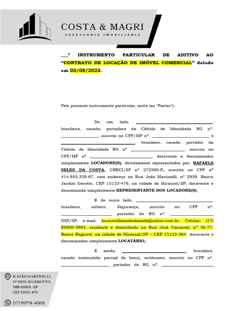 Modelo - Aditivo Ao Contrato de Locação Comercial - Com Garantia Fiador ... Modelo - Aditivo Ao Contrato de Locação Comercial - Com Garantia Fiador ...