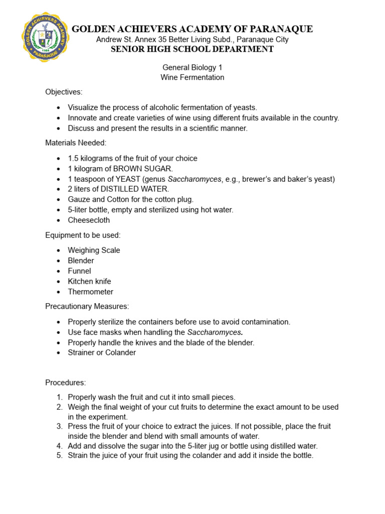 Lab Sheet Wine Fermentation | PDF