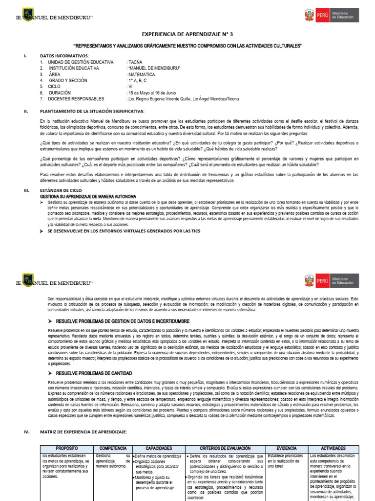 Experiencia De Aprendizaje N 3 1ro Pdf Aprendizaje Estadísticas