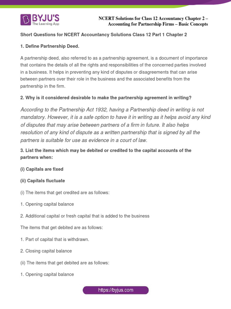 Ncert Solutions For Class 12 Accountancy 22 May Chapter 2 Accounting For Partnership Firms Basic ...
