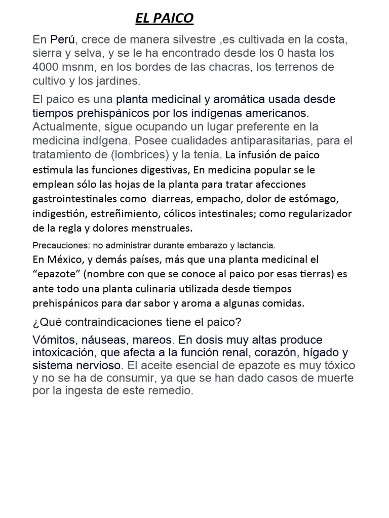 Propiedades y riesgos del paico en medicina | PDF