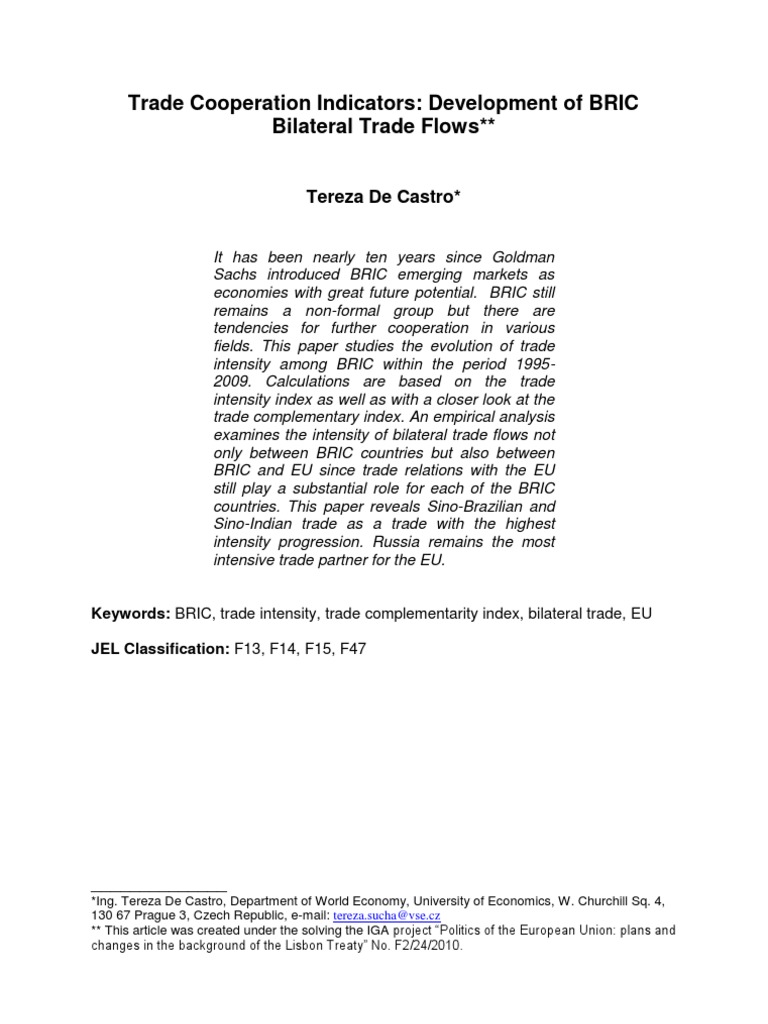 BRIC Trade Intensity Analysis 1995-2009 | PDF | Bric | Trade