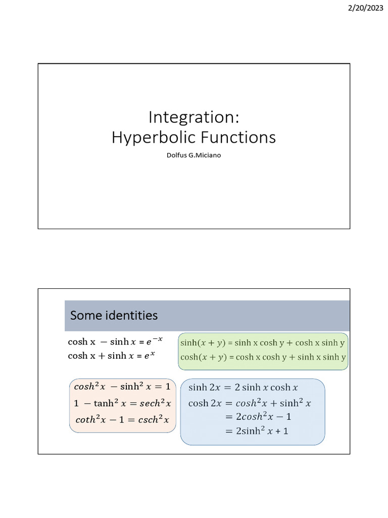 Hyperbolic Functions Integration Pdf