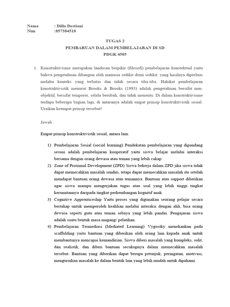 Dilla Destiani - 857384518 Tugas 2 PEMBARUAN DALAM PEMBELAJARAN DI SD | PDF