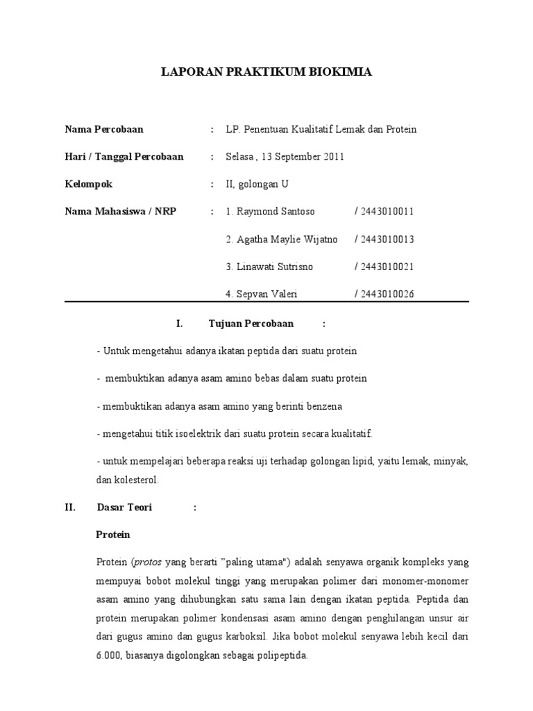 Laporan Biokimia Kualitatif Protein Lemak | PDF Laporan Biokimia Kualitatif Protein Lemak | PDF