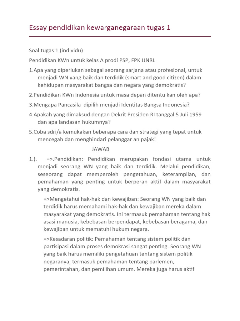 Tugas Essay 1 Pendidikan Kewarganegaraan | PDF | Karier & Perkembangan | Politik