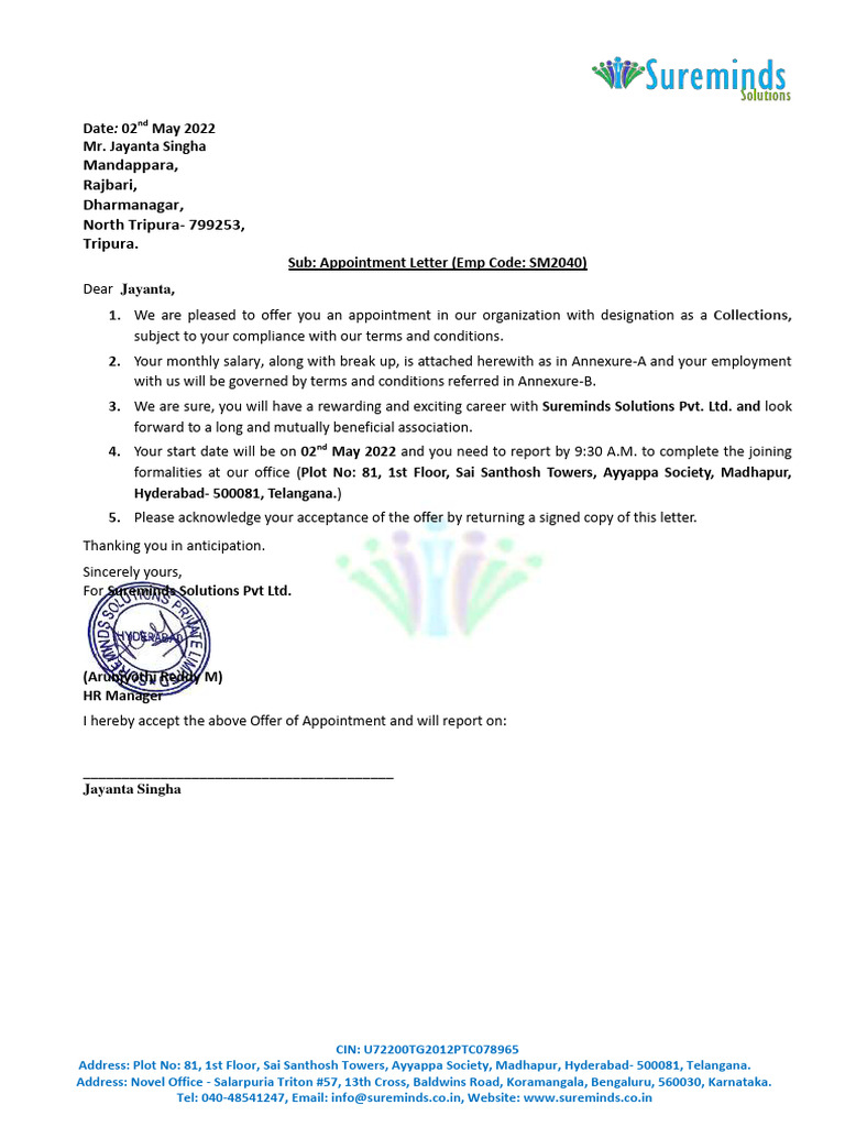 Jayanta Singha - Sureminds Appointment Letter | PDF | Government ...