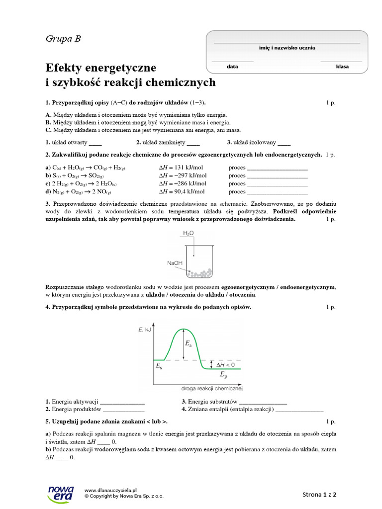 7 Efekty Energetyczne I Szybkosc Reakcji Chemicznych Grupa B | PDF