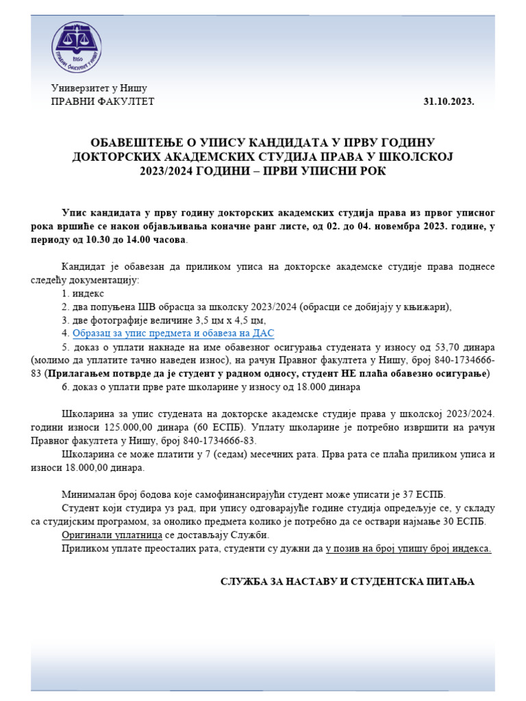 Obavestenje o Upisu Nove Generacije Studenata Potrebna Dokumentacija 2023 2024 DAS I Rok | PDF