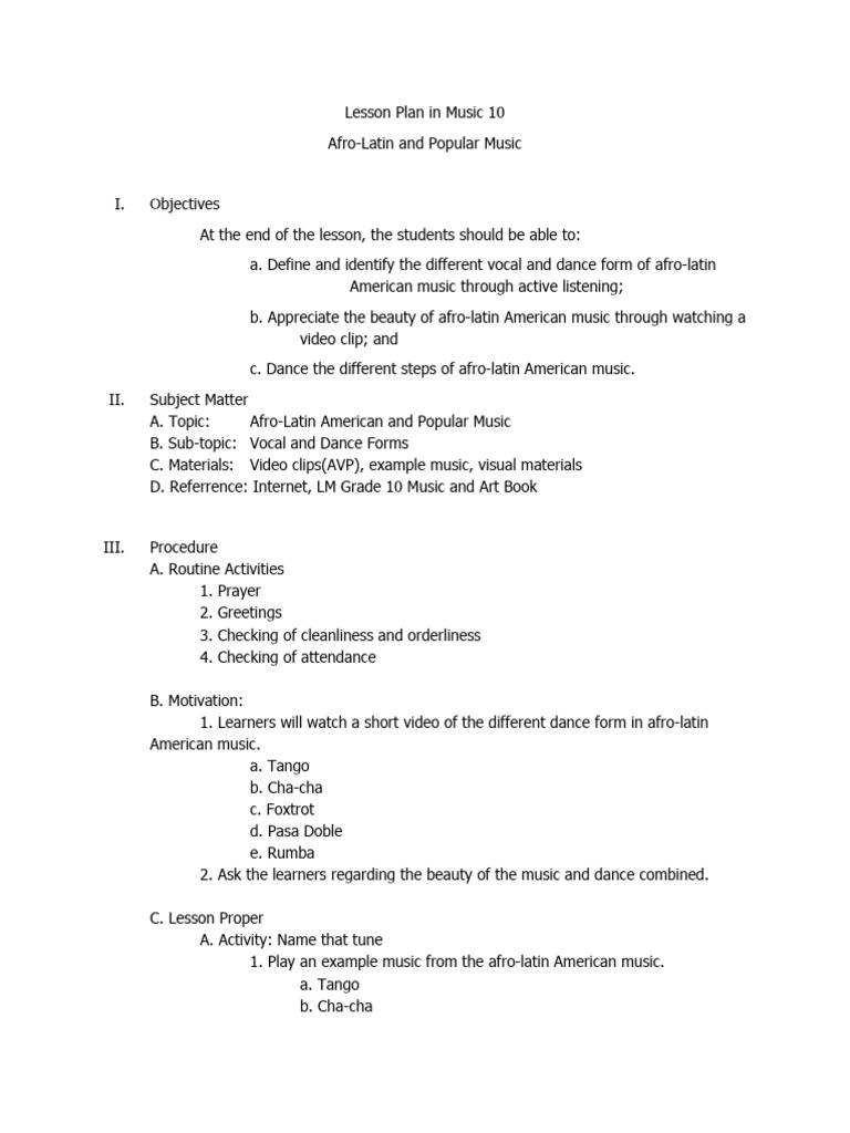 Lesson Plan in Music 10 | PDF | Lesson Plan | Behavior Modification