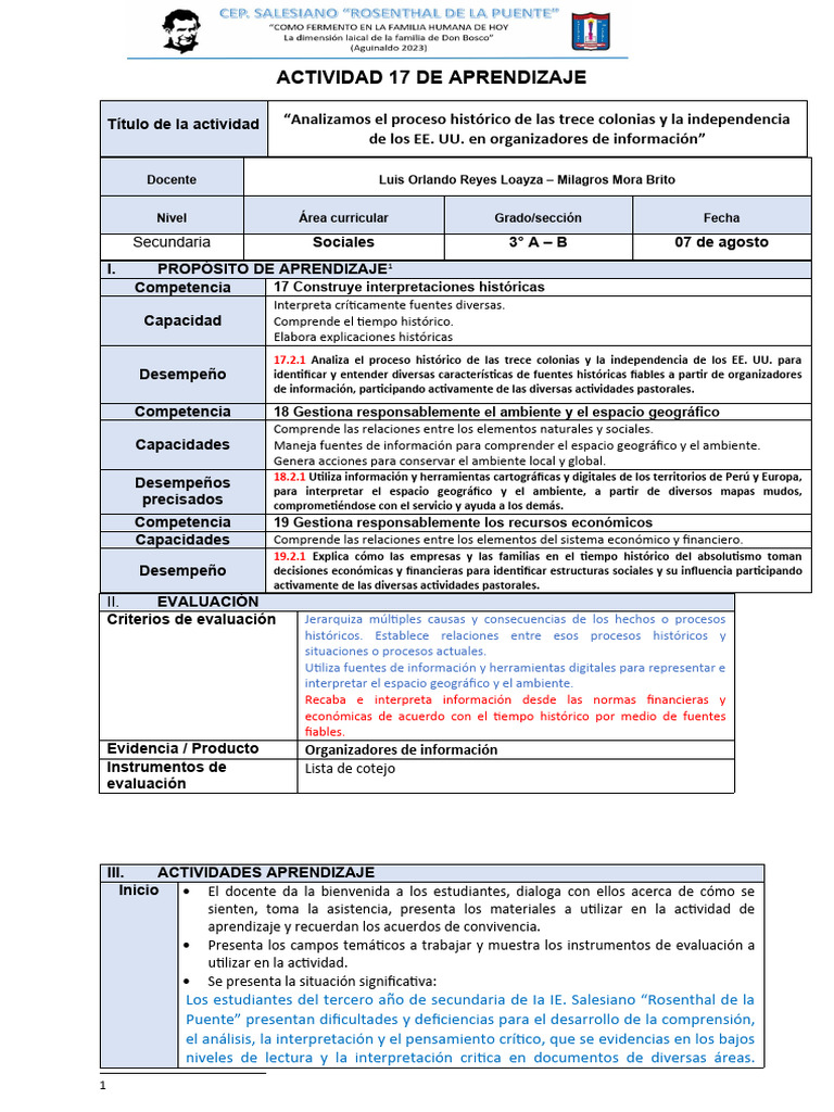17 Actividad 17 de Aprendizaje 2023 La Independencia de Las Trece ...