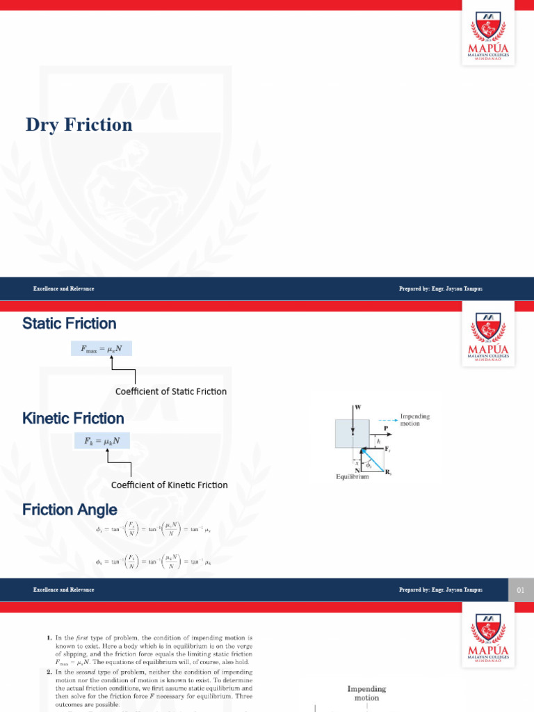 Dry Friction: Excellence and Relevance Prepared By: Engr. Jayson Tampus ...