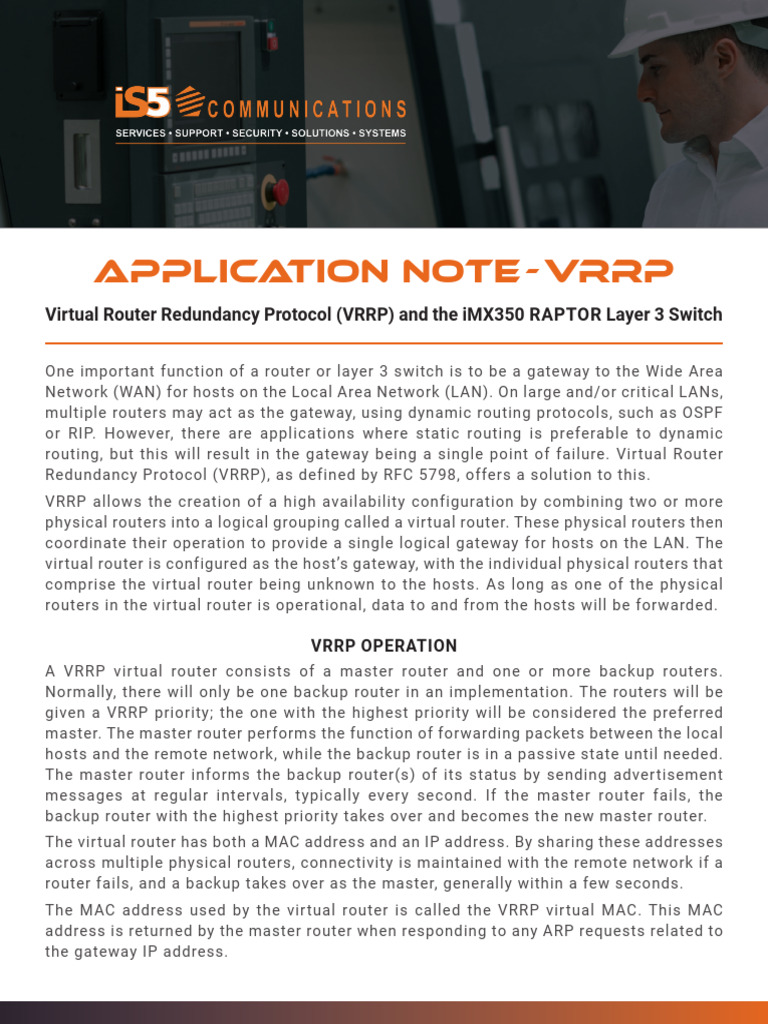 iS5Com Application Note VRRP | PDF | Router (Computing) | Computer Network